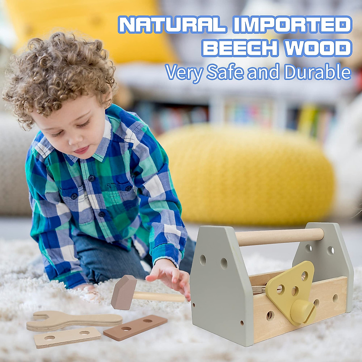 LEADER JOY Montessori Wooden Tools Kit Toddler Educational Construction Kids Toys Sets Play Box Preschool Play Tool Wooden Construction Toy （Yellow）