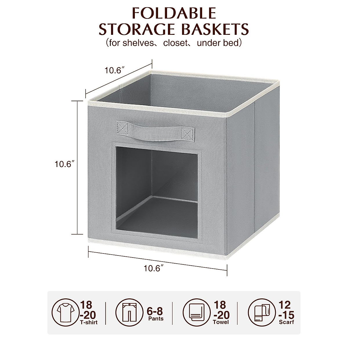 Homsorout Storage Cube 11 Inch - Cube Storage Bins with Window, Closet Storage Baskets with Handle, Fabric Bins for Closet, Shelves, Toys, Clothes, Set of 6, Grey