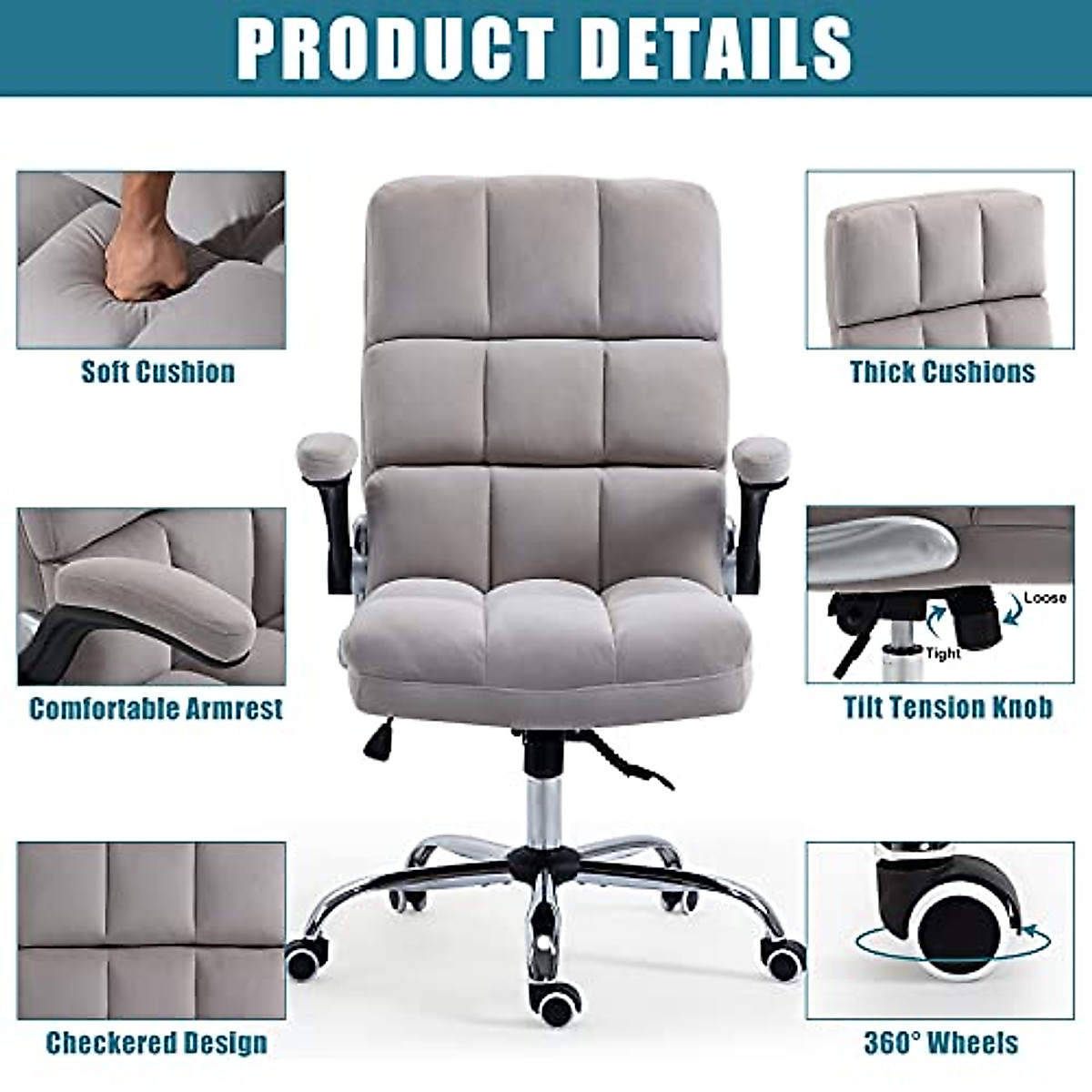 AVAWING Velvet Office Chair w/Wheels, Executive Computer Desk Chair w/Adjustable Tilt Angle and Flip-up Arms, High-Back Ergonomic Padding Chair, Grey