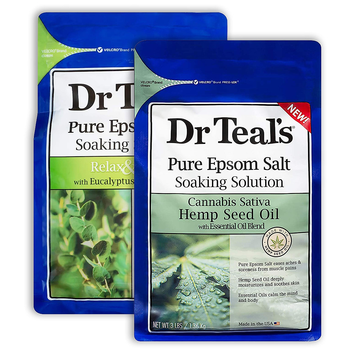 Dr Teal's Epsom Salt Bath Combo Pack (6 lbs Total), Relax & Relief with Eucalyptus & Spearmint, and Hemp Seed Oil