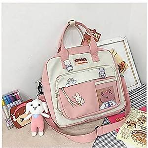 Kawaii Canvas School Backpack with Pendant, Laptop Shoulders Bag, Back to School Off to College Supplies (Pink)