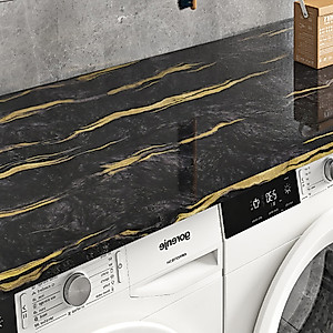 Livelynine Black and Gold Marble Contact Paper for Countertops Waterproof Marble Wallpaper Peel and Stick Bathroom Walls Renter Friendly Countertop Cover Kitchen Cabinet Contact Paper 15.8X78.8 Inch