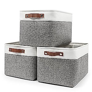 Bagnizer Storage Bins Large Fabric Storage Baskets for Shelves 3 Pack, Decorative Linen Closet Baskets with Handles for Organizing, Shelf, Toys, Clothes, Home, Office, Nursery, 15x11x9.5Inches (Grey&White)