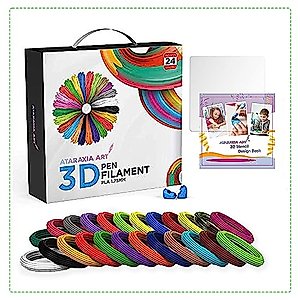 ATARAXIA ART 3D Pen PLA Filament Refill, 24 Colors, Each Color 10m/33 ft, Total 782 feet, 3DPen Filament with Stencils Book, Reusable Colorful 40 Pattern Printing Paper, Clear Pad & 2 Finger Caps