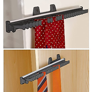 AIYIOUWE Sliding Closet 28 Tie Hanger Extendable Lateral Tie Rack Pull-Out Scarf Belt Storage Display Rail Organizer for Wardrobe, with 28 Hooks for Ties Scarves Belts Side Mount