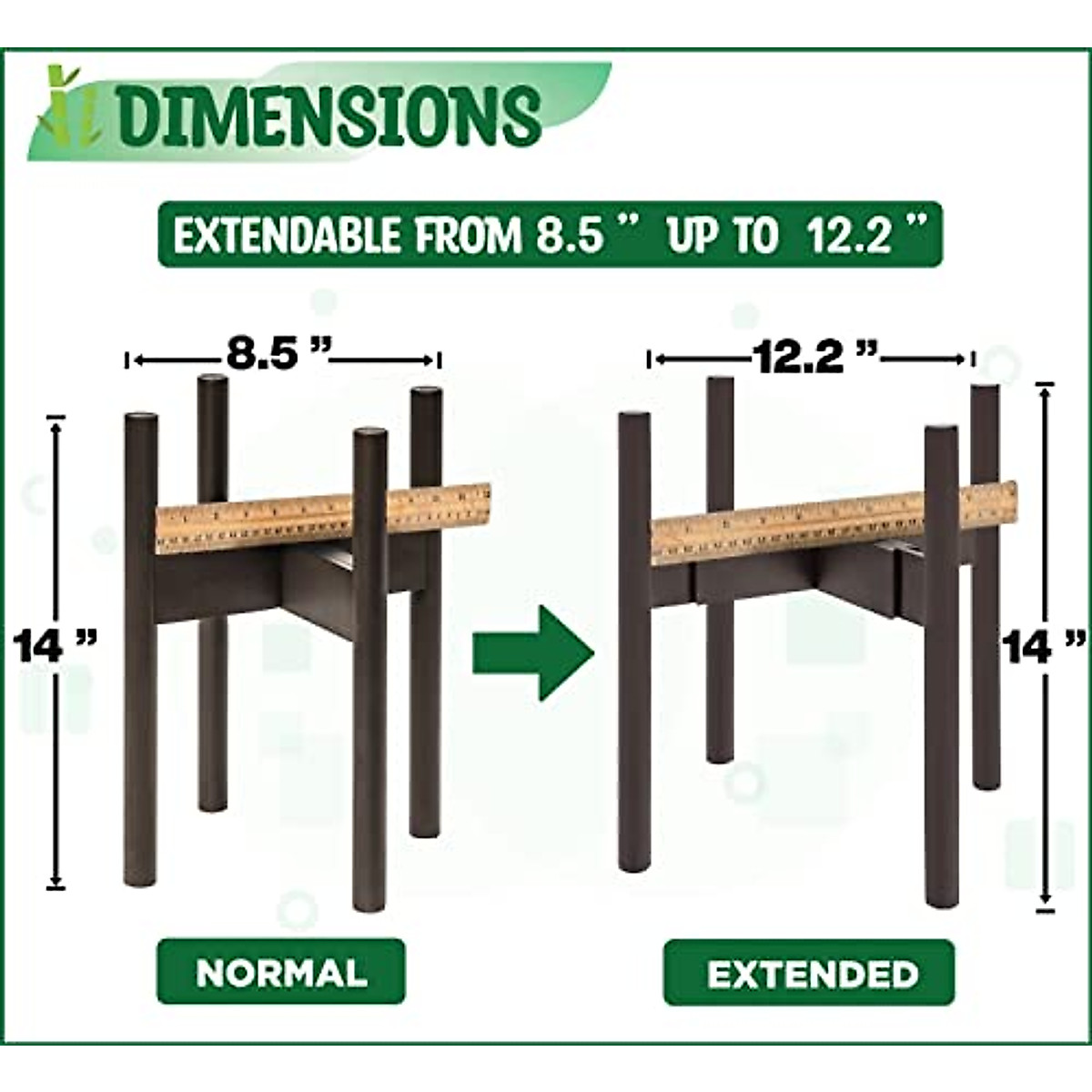 ZPirates Plant Stand Indoor, Outdoor - Tall 14-inch, Adjustable 8 to 12-Inch Wide - Small to Large Planter Pot and Flower Vase Holder - Dark Bamboo Wood