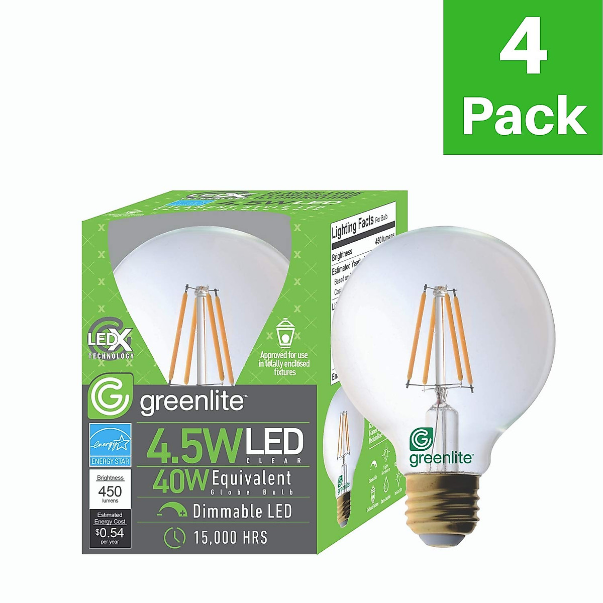 LED 4.5W G25 Clear Globe Filament Light Bulb, 40W Equivalent, 470 Lumens, 2700K Soft White, E26 Medium Base, Dimmable, 120V, Energy Star, (4 Pack)