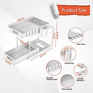 POJORY 2 Pack Double Sliding Under Sink Organizers and Storage,2-Tier Pull Out Under Sink Organizer with Hooks and Hanging Cup,Multi-Purpose Cabinet Organizer for Bathroom Kitchen, White