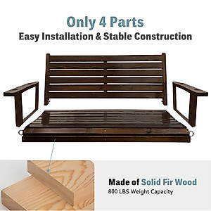 Wooden Porch Swing, Ergonomic Seat, Bench Swing with Hanging Chains and 7mm Springs, Heavy Duty 800 LBS, for Outdoor Patio Garden Yard (Deep Brown, 2-Seater)