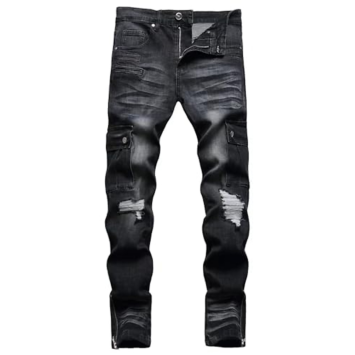 HENGAO Mens Cargo Jeans Ripped Skinny Slim Fit Stretch Jeans, Distressed Destroyed Straight Denim Pants with Pockets, 1755 Black, 40