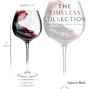 Aspen & Birch - Timeless Wine Glasses Set of 6 - Red Wine Glasses or White Wine Glasses, Premium Crystal Stemware, Long Stem Wine Glasses Set, Clear, 23 oz, Hand Blown Glass Crafted by Artisans