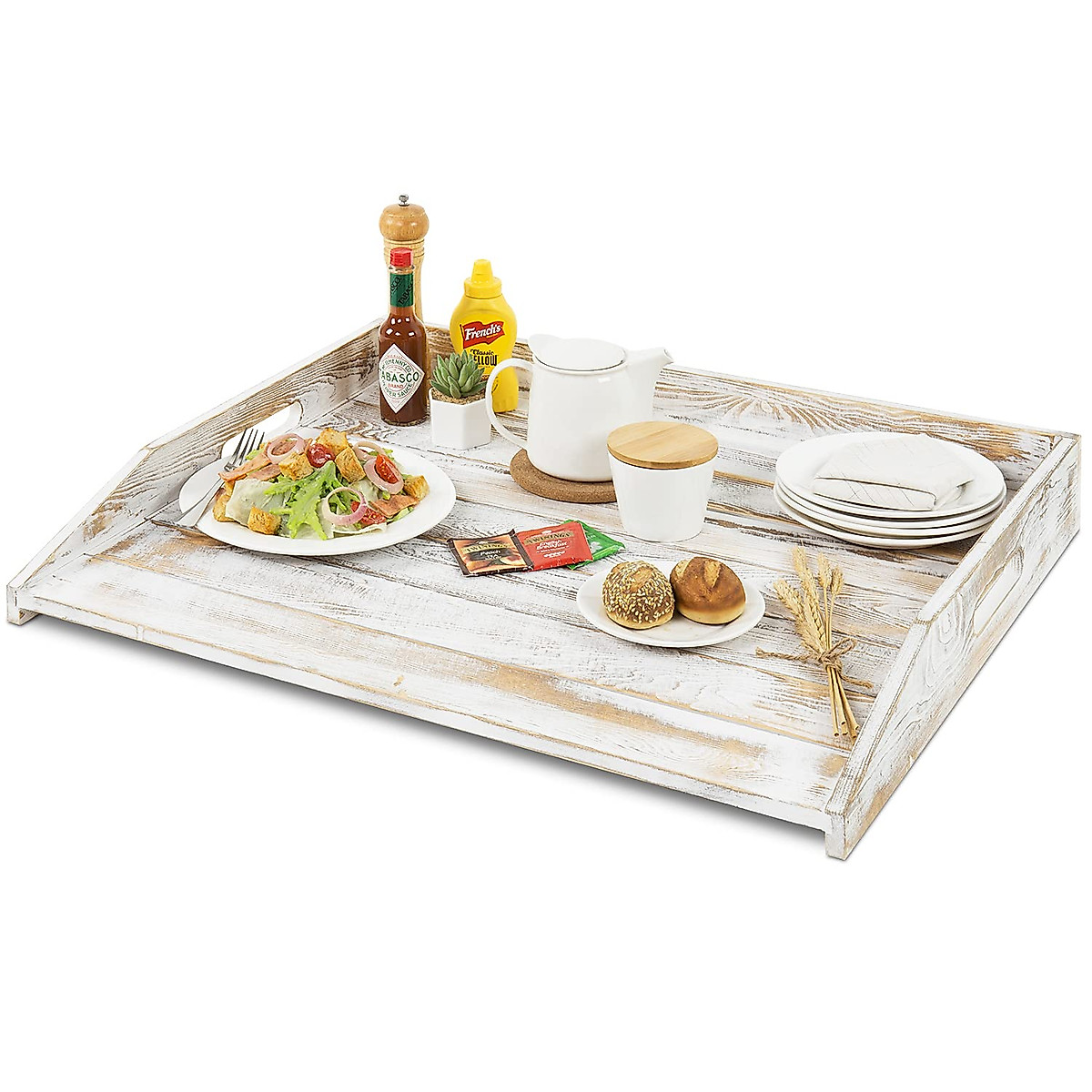 MyGift 30 Inch Extra Large Noodle Board, Shabby White Washed Solid Wood Stove Top Cover with Cutout Handles, Decorative Oversized Kitchen Countertop Serving Tray