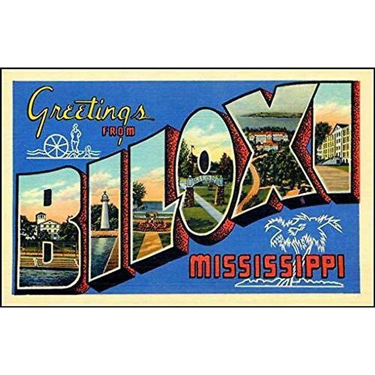 MAGNET 3x5 inch Vintage Greetings from Biloxi Sticker (Postcard Logo Mississippi mi) Magnetic vinyl bumper sticker sticks to any metal fridge, car, signs