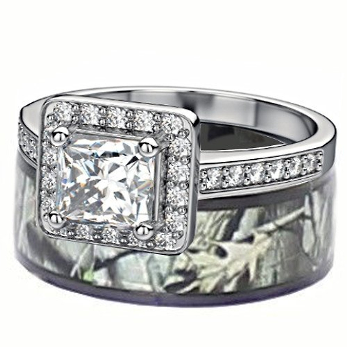 His & Her Black Titanium Camo Sterling Silver Engagement Wedding Ring Set (Size Men 7; Women 7)