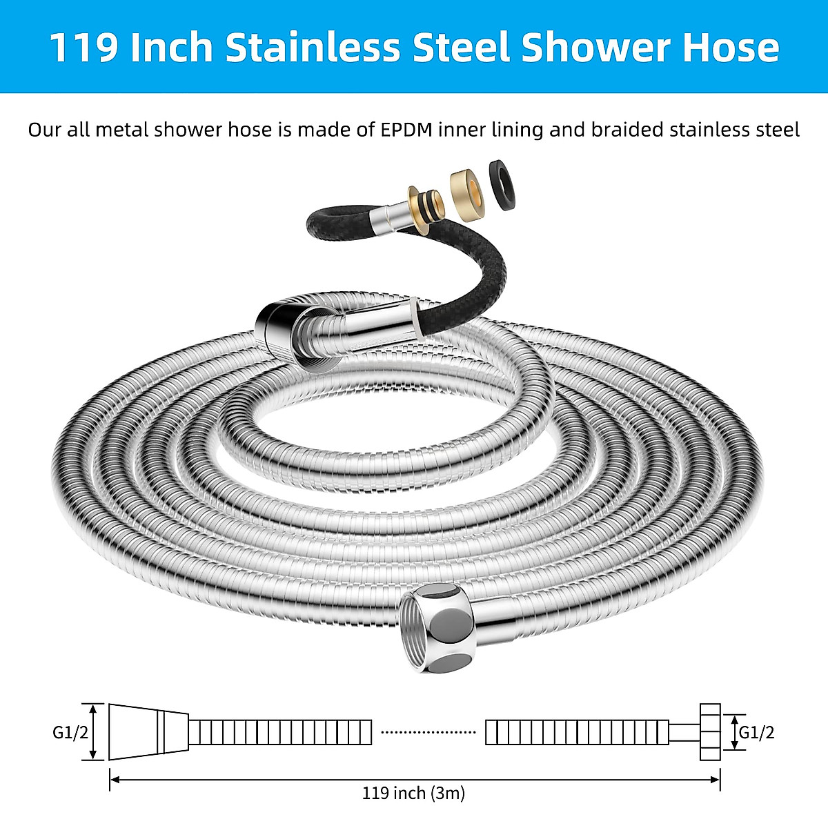 Hibbent All Metal Extra Long Shower Hose 119 inch(9.8 foot) Bathroom Handheld Shower Head Hose 3 meters Extension Replacement Part with Brass Fittings Made of Stainless Steel -Polished Chrome Finish