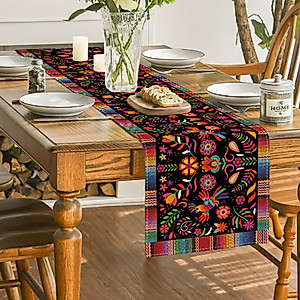 Artoid Mode Bird Dia De Los Muertos Serape Mexican Fiesta Table Runner, Cinco De Mayo Day of The Dead Kitchen Dining Table Decoration for Home Party Decor 13x72 Inch