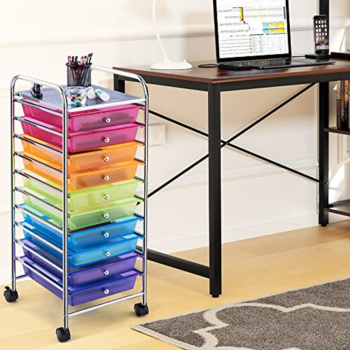 COSTWAY 10-Drawer Rolling Storage Cart, Utility Mobile Trolley with Removable Drawers & Universal Casters & 2 Brakes, Versatile Flexible Drawer Organizer Cart for Home, Office (Rainbow)