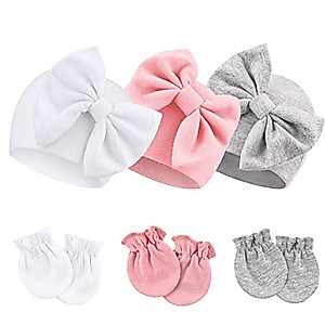 BQUBO Newborn Baby Hospital Hats Beanie Bow Infant Caps Baby Cotton No Scratch Mittens Set for 0-6 Months