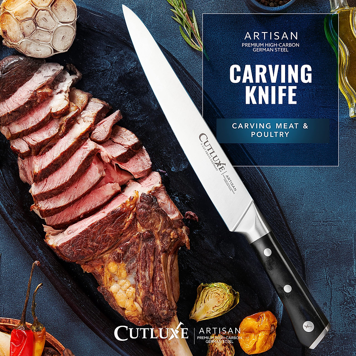 Cutluxe Meat Carving Knife – 9" Turkey Carving Knife – Razor Sharp & Full Tang – High Carbon German Steel – Ergonomic Handle Design – Artisan Series