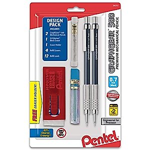 Pentel GraphGear 500 Automatic Pencil Kit, 0.7mm, Refill Leads, Block Eraser 2 Pack (PG527LEBP2)