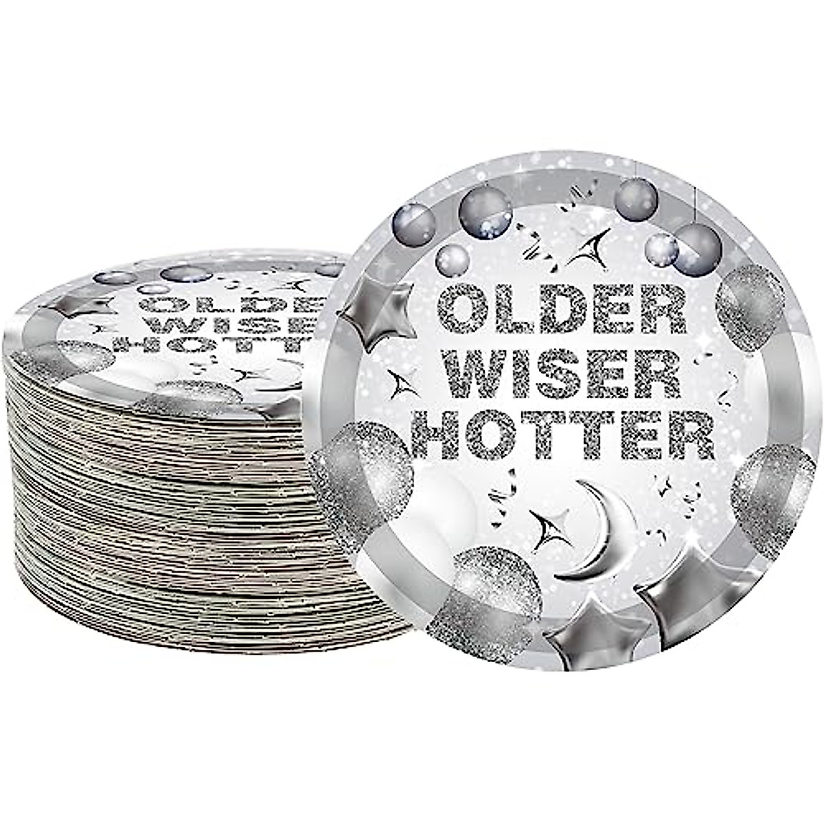 50 Pcs Older Wiser Hotter Party Supplies,Older Wiser Hotter Paper Plates 7" Silver Party Dessert Plates for 30th 40th 50th 60th 70th 80th Birthday Party Fun Party Disco Birthday Party Decorations