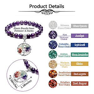 Top Plaza Amethyst Healing Crystals Beaded Bracelet 7 Chakra Yoga Meditation Stone Bracelets Life Tree Stretch Bracelet for Women