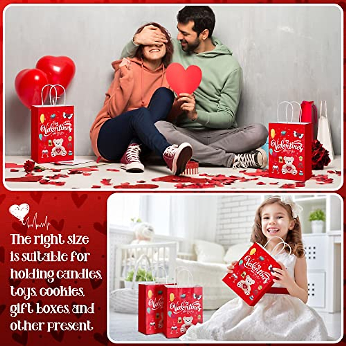 Sherr 100 Pieces Valentine's Day Paper Gift Bags Elegant Coated Paper Wrapping Bags Cardboard Bags Love Candy Present Bags with Handle for Wedding and Valentine Party Favors Gift Giving Gift Wrapping