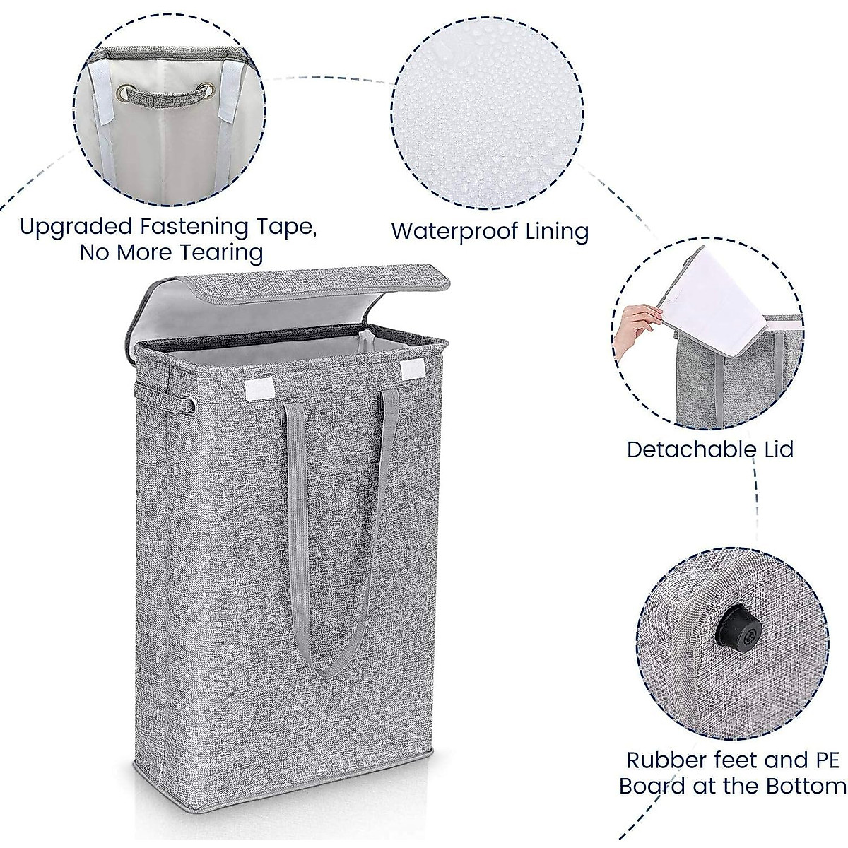 CHUBARIY Ultra-Thin Laundry Hamper with Lid, Tall Thin Waterproof Lined Narrow Dirty Clothes Hamper with Handle, Suitable for Bathroom, Bedroom, Dormitory to Organize and Store Clothes, Grey