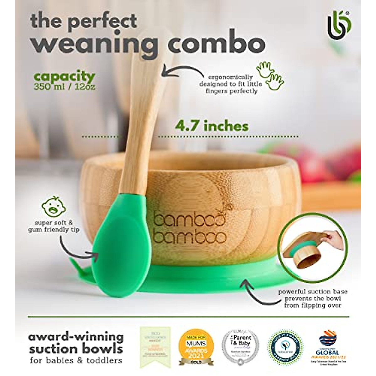 bamboo bamboo ® Suction Bowl for Baby – Bamboo Baby Bowl and Spoon Set with Removable Silicone Suction Cup for Kids | 11.8oz | Non-Toxic | Cool to The Touch | Ideal for Baby-Led Weaning (Green)