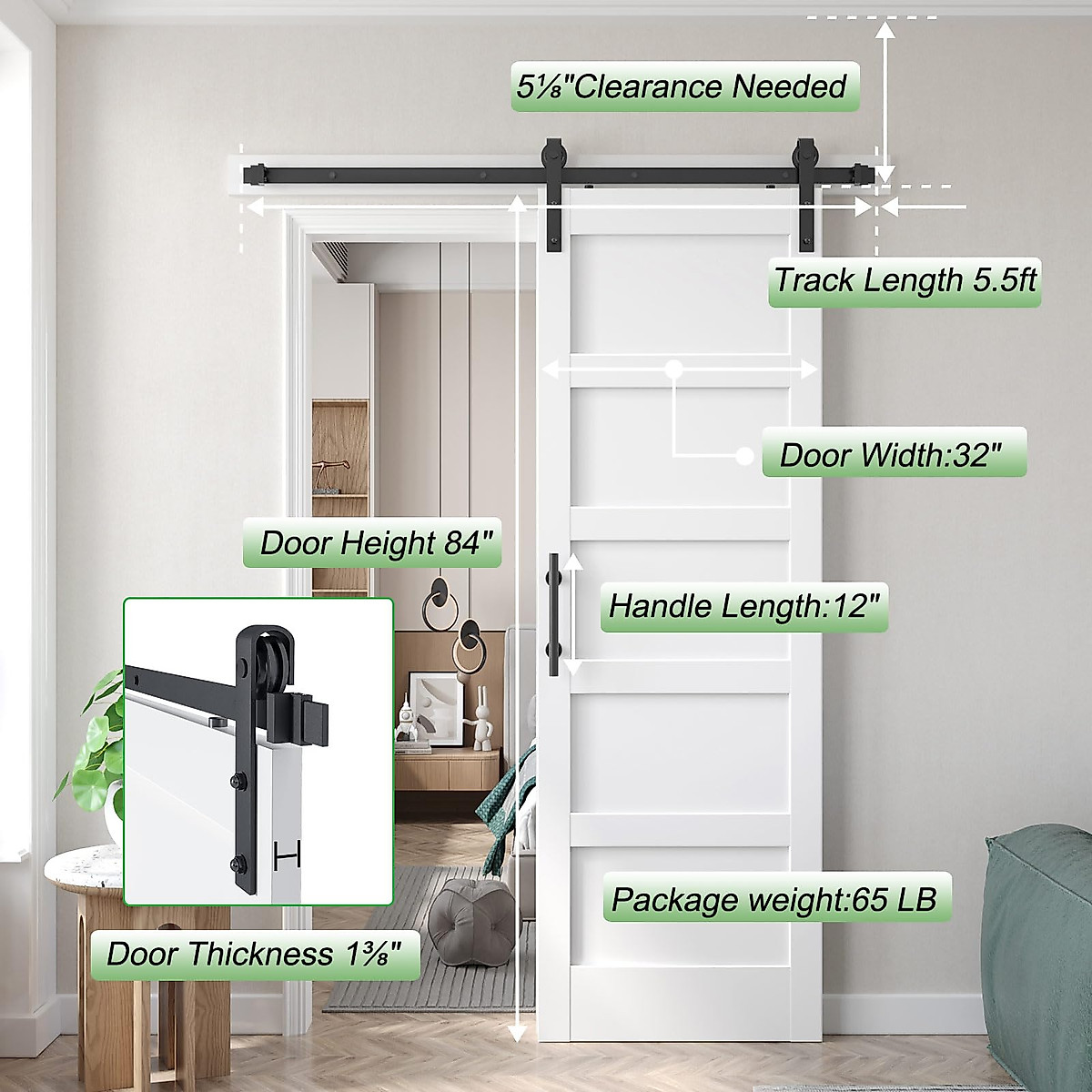Fredbeck 32x84 inch White Barn Door with 5.5FT Sliding Door Hardware Kit Included & Handle,Solid,MDF,PVC Surface,DIY Assembly,5-Panel,Fit 29in-30in Opening
