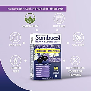 Sambucol Cold and Flu Relief Tablets - Homeopathic Cold Medicine, Nasal & Sinus Congestion Relief, Use for Runny Nose, Sore Throat, Coughing, Fever, Cold Remedy for Adults - Black Elderberry, 60 Count