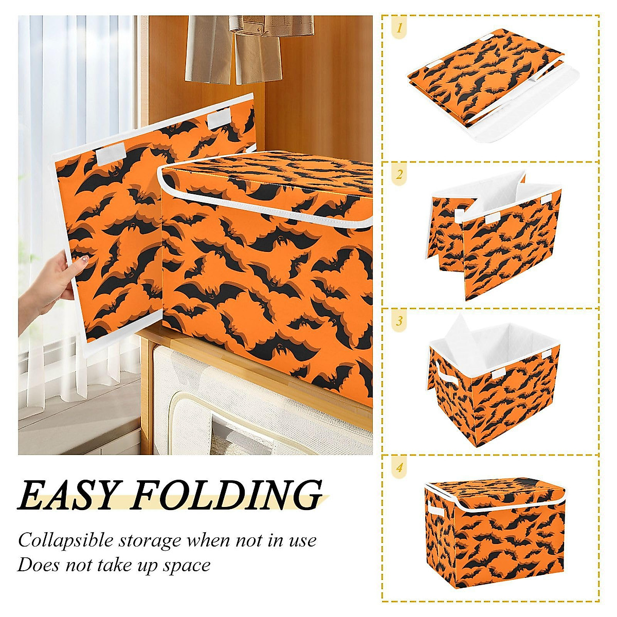 Storage Bins with Lid Silhouettes Of Black Bats Toys Fabric Storage Basket Large Collapsible Organizers Bedroom Halloween Orange Storage Boxes Cubes and Handles for Clothes Office Shelves