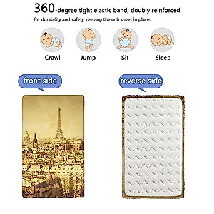 Eiffel Tower Themed Fitted Mini Crib Sheets,Portable Mini Crib Sheets Soft Toddler Mattress Sheet Fitted - Great for Boy or Girl Room or Nursery,24“ x38“,Brown