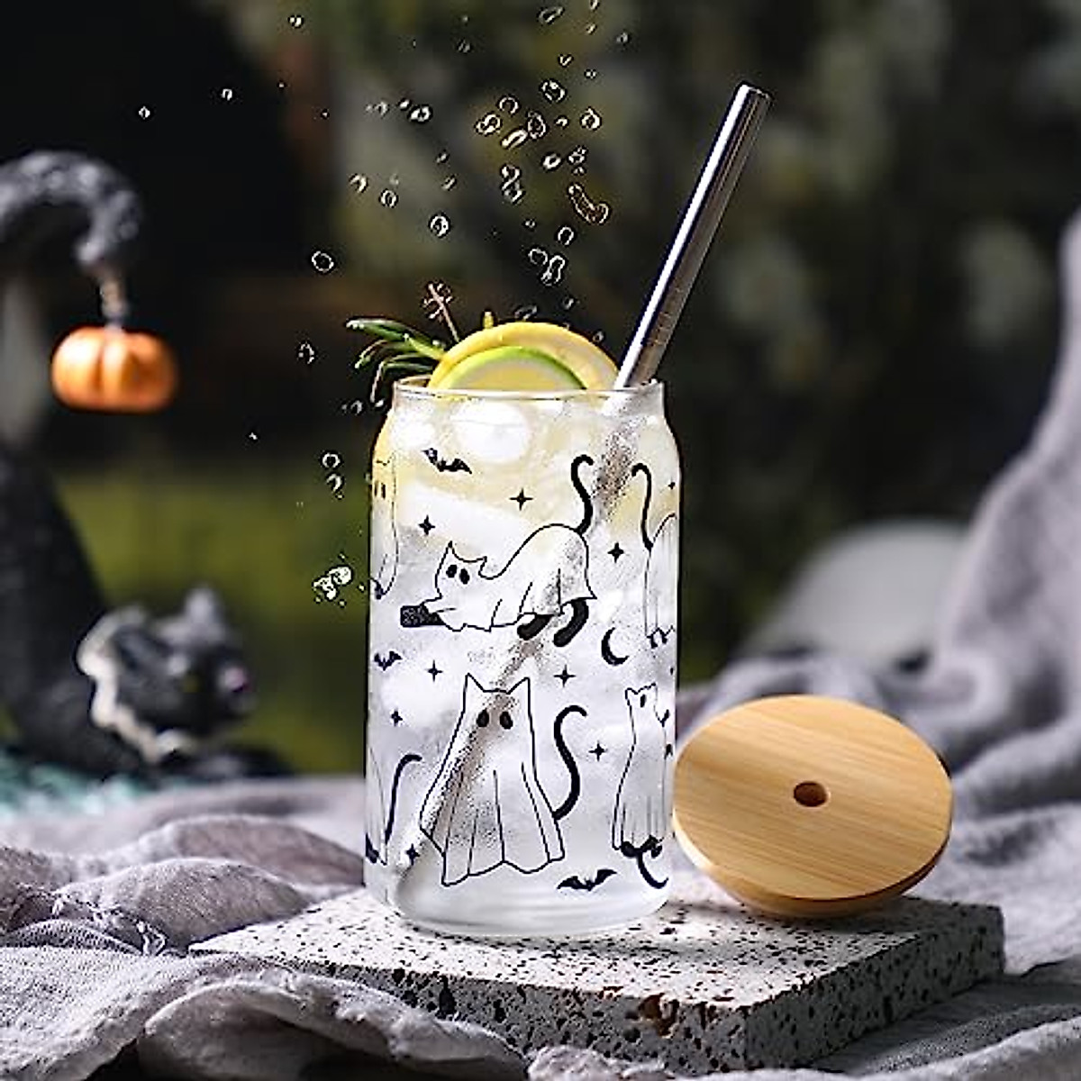 Nefelibata Halloween Ghost Cat Iced Coffee Cup 16 OZ Beer Can Glass Glass with Lid Metal Straw and Brush, Reusable Drinking Jar for Coffee Tea Soda Juice Fall Halloween Christmas Gift Ideas Set of 1