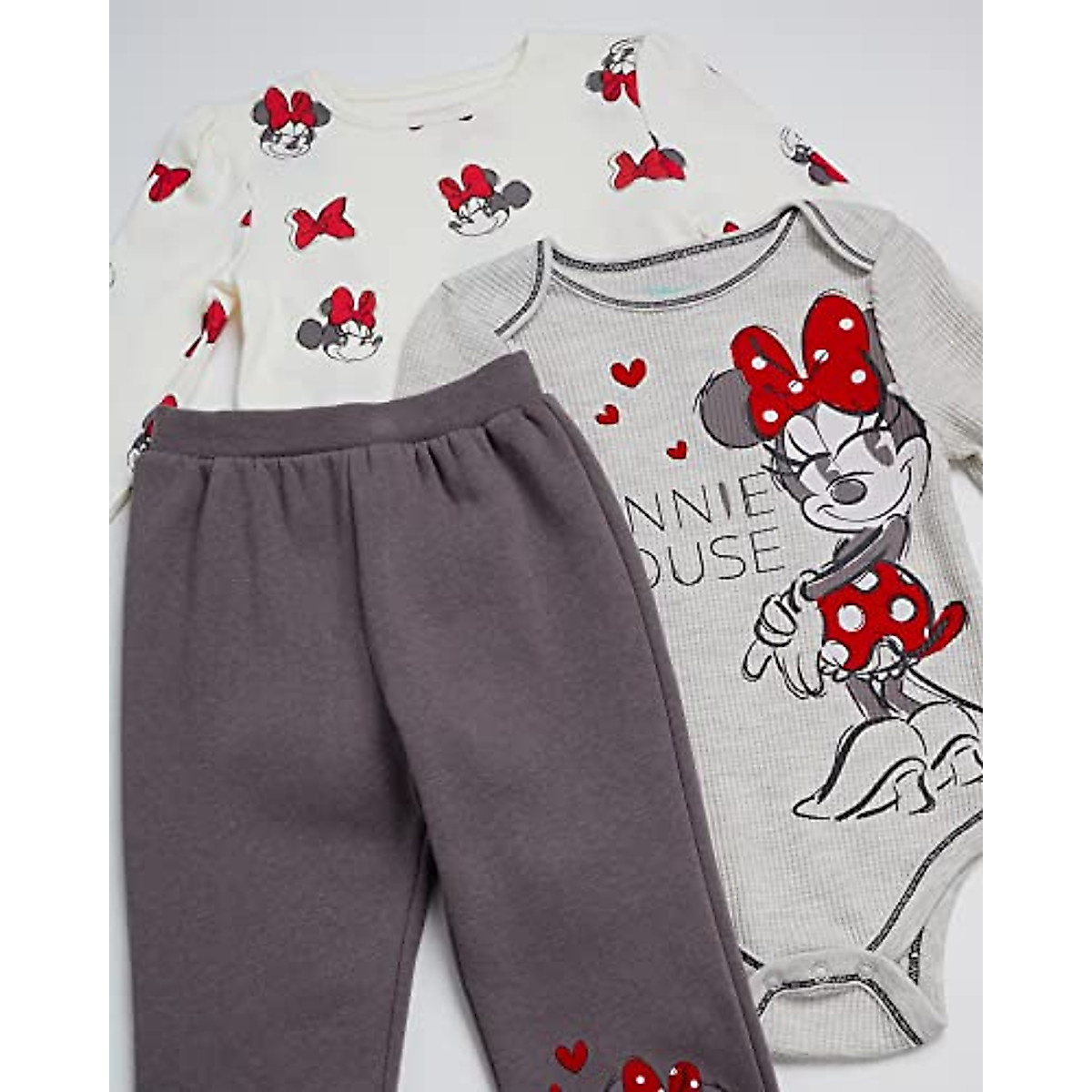 Disney Baby Girls' Jogger Set - 3 Piece Bodysuit, Long Sleeve Shirt Fleece Pant Set: Minnie Mouse, Winnie the Pooh (0-4T), Size 3T, Minnie Red/Charcoal