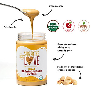 Spread The Love NAKED Organic Peanut Butter, 16 Ounce (Organic, All Natural, Vegan, Gluten-free, Creamy, Dry-Roasted, No added salt, No added sugar, No palm oil) (1-Pack)