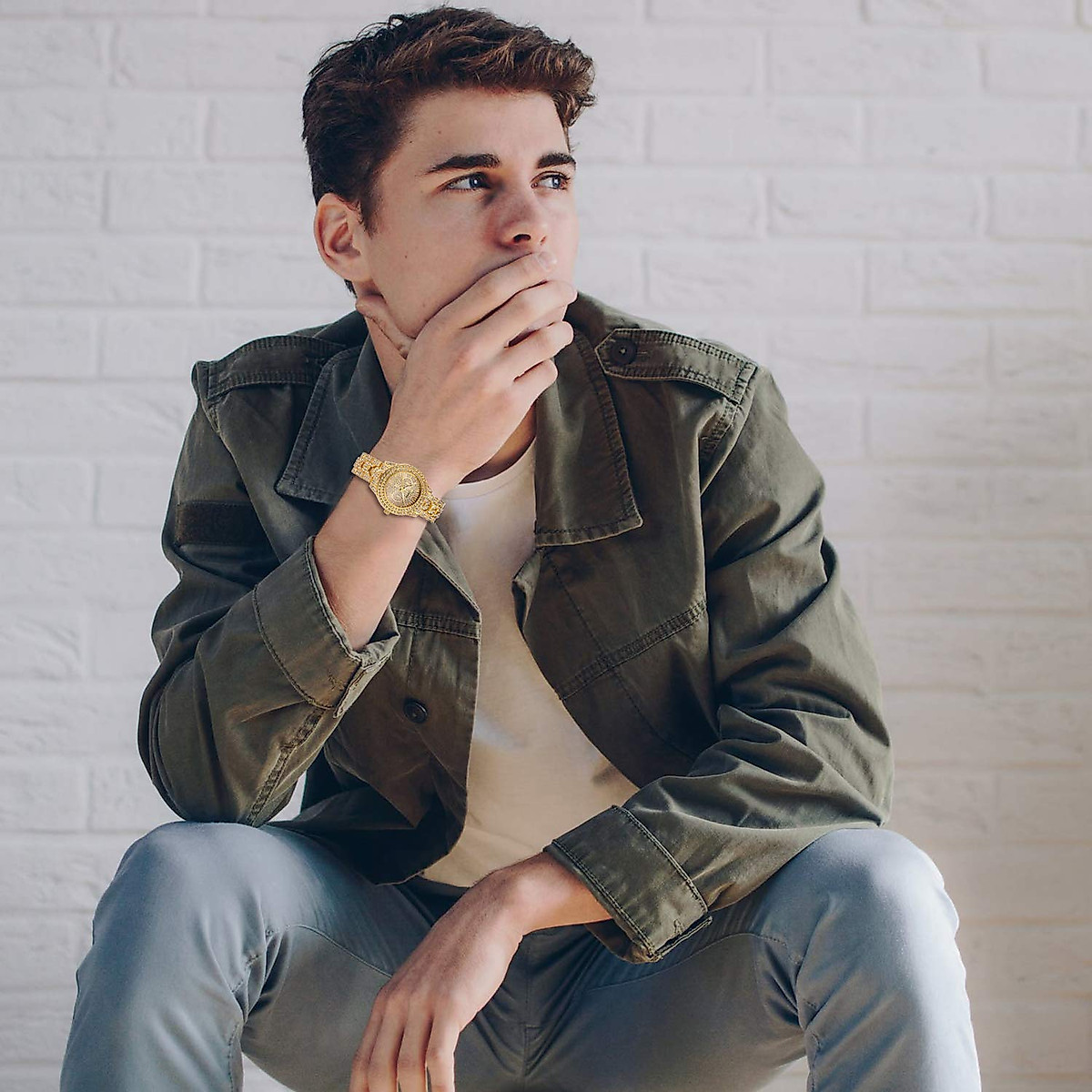 JewelryWe Men Women Watches Gold Tone Alloy Quartz Watch Stylish Rhinestone Business Casual Dress Wristwatches