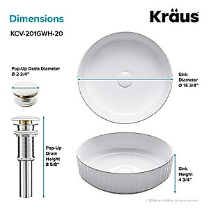KRAUS Viva™ Round White Porcelain Ceramic Vessel Bathroom Sink with Pop-Up Drain, 15 3/4 in. D x 4 3/4 in. H, KCV-201GWH