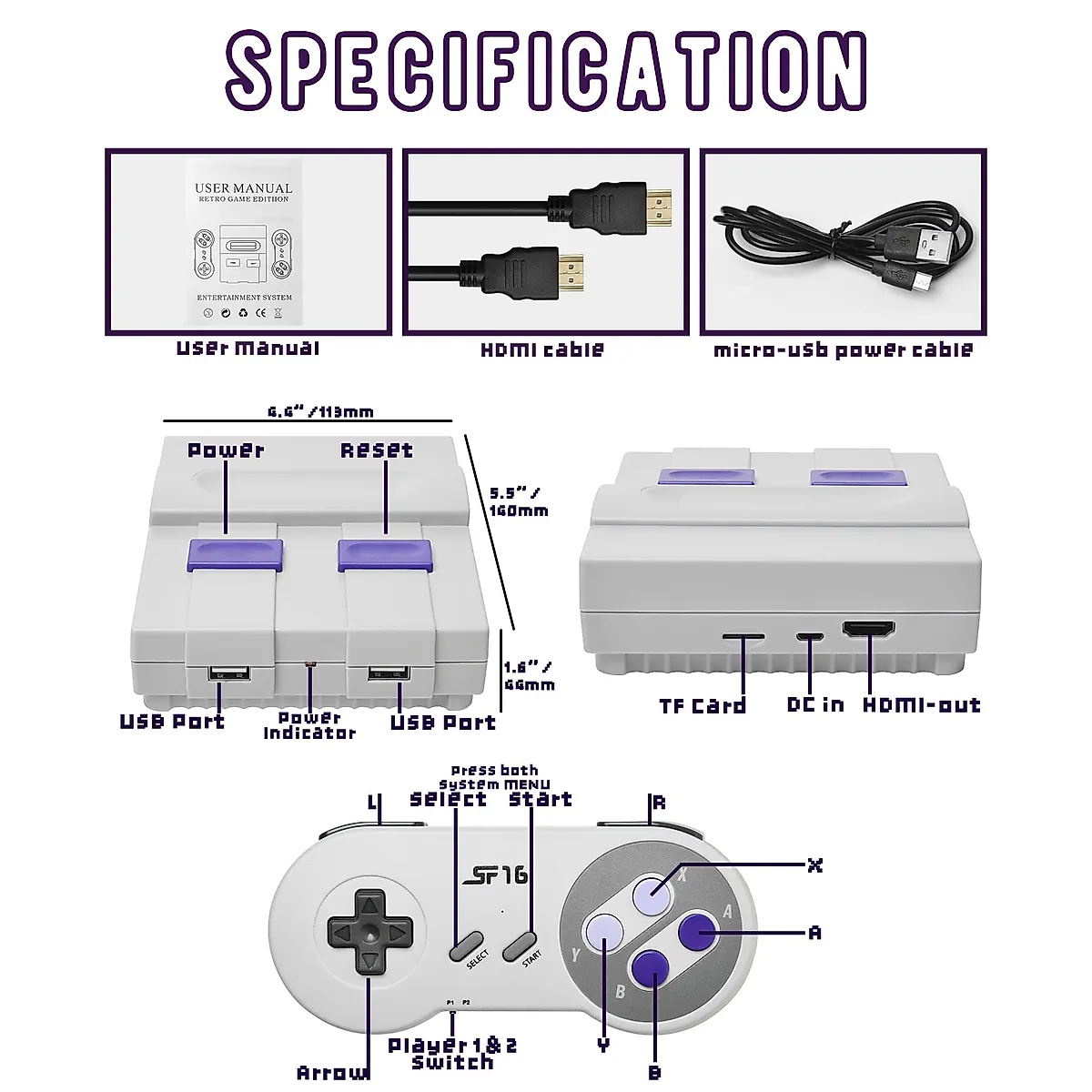 Upgrade Retro Mini Game Console, Preloaded 1700+ 8 & 16 Bit Classic Video Games(No Repeat), HDMI TV Output, 4GB TF Card Rom Copy, 2 Cable Less Controllers, Gift of Childhood Memories