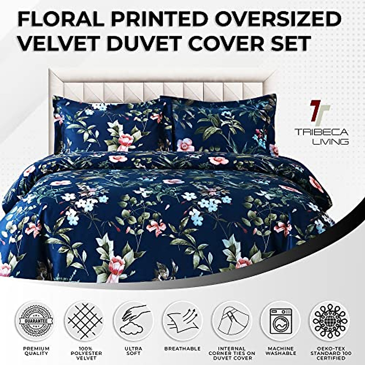 Tribeca Living Velvet Floral Printed King Duvet Cover Set, Soft Touch, Oversized, Luxury Three Piece Set Includes One Duvet Cover and Sham Pillowcases, Calla Multicolor