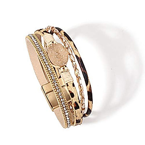 FANCY SHINY Leather Wrap Bracelet Boho Cuff Bracelets Crystal Bead Bracelet with Clasp Jewelry Gift for Women Teen Girls(7.7", Tan Leopard)