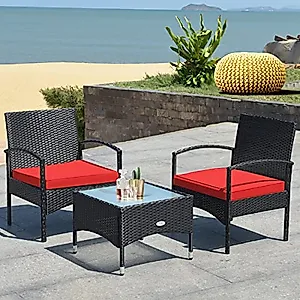 Tangkula 3 Pieces Patio Wicker Rattan Furniture Set, Rattan Chair with Coffee Table, High Load Bearing Chair Conversation Sets for Patio Garden Lawn Backyard Pool