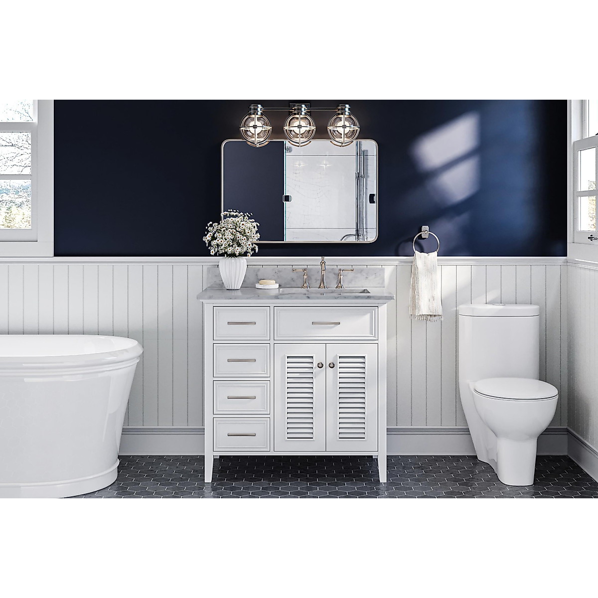 ARIEL Kensington Bathroom Vanity 37" Inch in White with Carrara White Marble Countertop, Right Offset Rectangular Sink, 2 Soft Closing Doors and 4 Full Extension Dovetail Drawers
