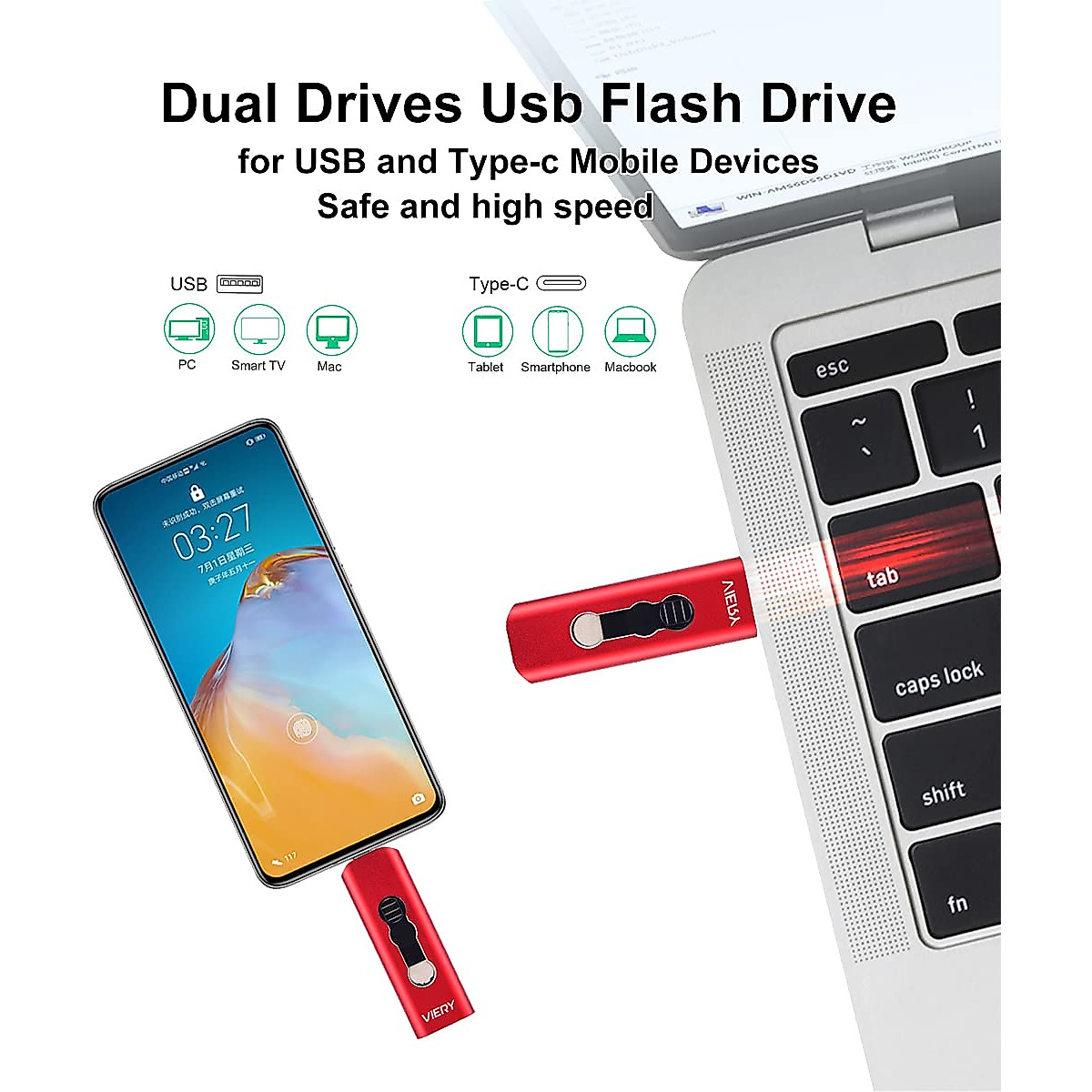 VIERY USB Flash Drive 64G,2-in-1 Dual USB Type -C Memory Stick USB Photo Stick USB 3.0 64gb Thumb Drive for Android Smartphones,Tablets, PC.(64GB)
