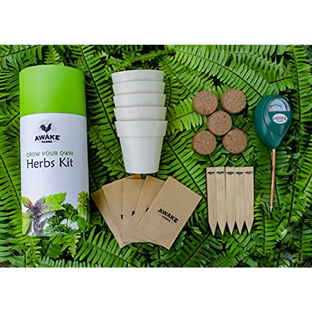 Awake Farms Indoor Herb Garden Seed Starter Kit – Indoor Grow Kit with Bamboo Pots, Soil Discs, Moisture Meter, Plant Markers, Seeds - Herb Seeds Variety Pack Indoor – Ideal for Balcony, Windowsill