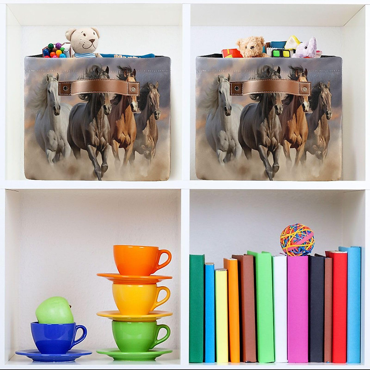 STAYTOP Large Storage Basket Collapsible Toy Storage Bins Waterproof Laundry Basket with Handle.Used for Home Closets, Offices, Bedrooms, Kids Toy and Gift Baskets-Running Horses（Rectangular）1PCS