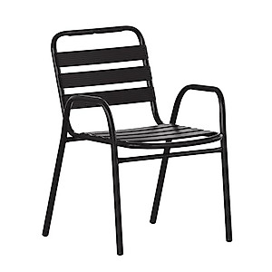 Flash Furniture Lila Commercial Restaurant Stack Chair with Triple Slat Back and Arms, Indoor-Outdoor Dining Chair, Black