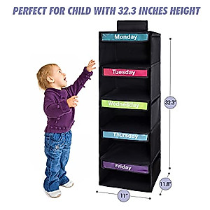 DoveeDosa Weekly Clothes Organizer for Kids-Day of The Week Clothes Organizer for Kids-Kids Daily Clothes Organizer-Monday Friday Clothes Organizer-Kids Closet Organizer-Days of The Week, Black