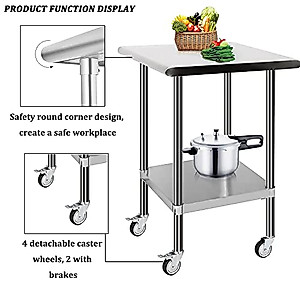 MYOYAY Stainless Steel Table for Prep & Work 24 x 24 x 36 Inches NSF Metal Commercial Table with Adjustable Under Shelf Heavy Duty Work Table with Wheels for Restaurant, Home and Hotel