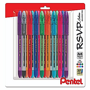 Pentel RSVP Medium Point Pens - Ballpoint - 1.0 mm - Clear Barrel - Assorted Ink Colors, Pack Of 16